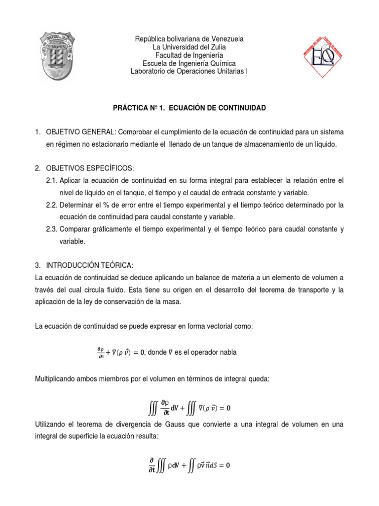Practica 1 Ecuacion de Continuidad PDF | PDF | Integral | Descarga ...