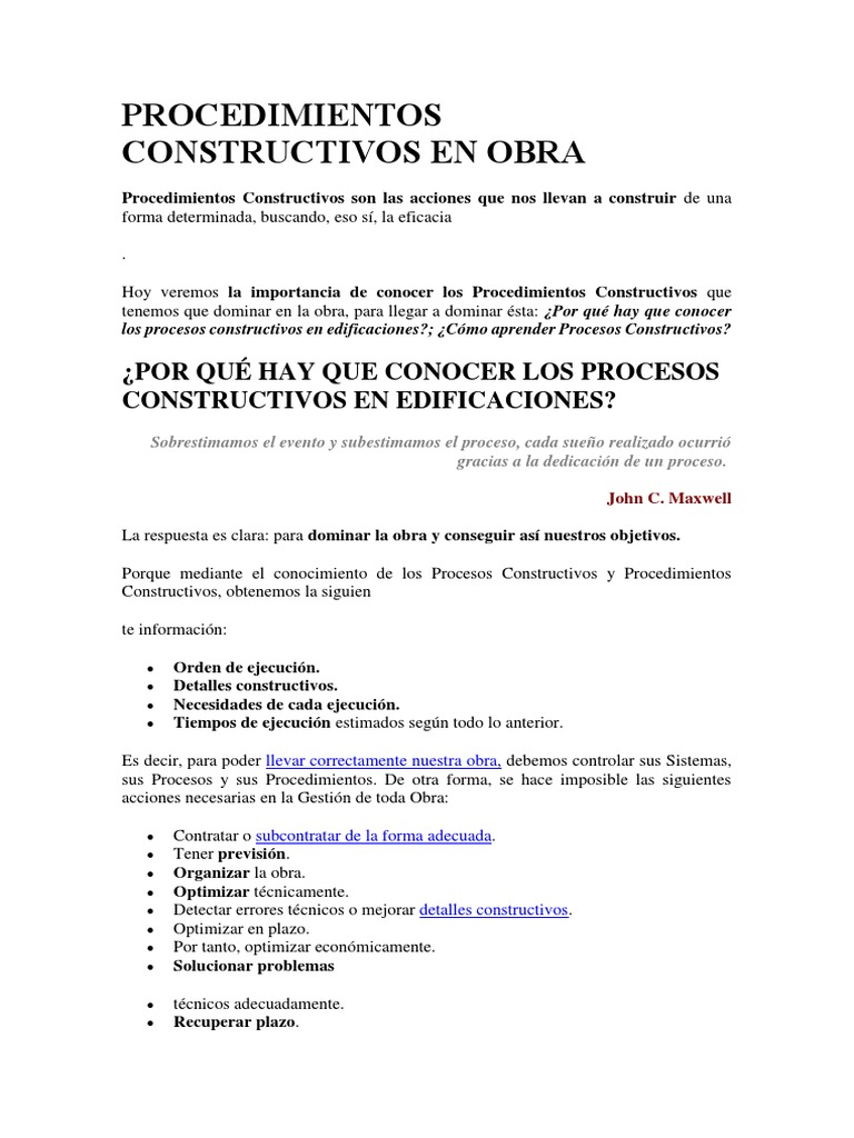 Procedimientos Constructivos en Obra | PDF | Información | Outsourcing
