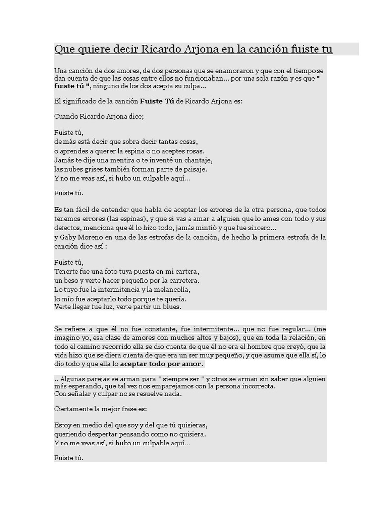 Significado de "Fuiste Tú" de Arjona | PDF
