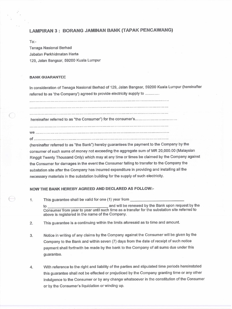 TNB Substation Bank Guarantee form