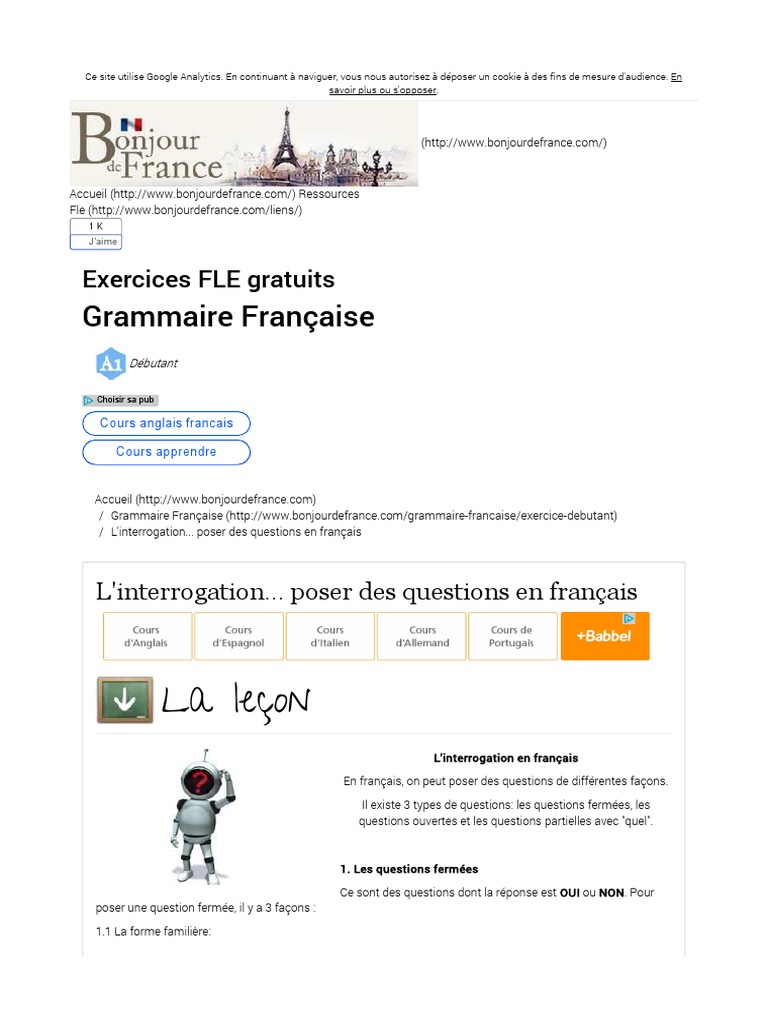 L'Interrogation... Poser Des Questions en Français | PDF | Question ...