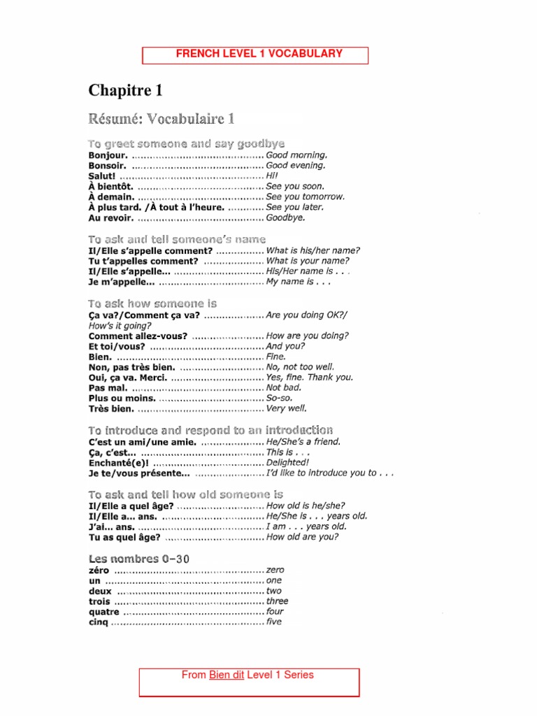 Level 1 French Vocab | PDF