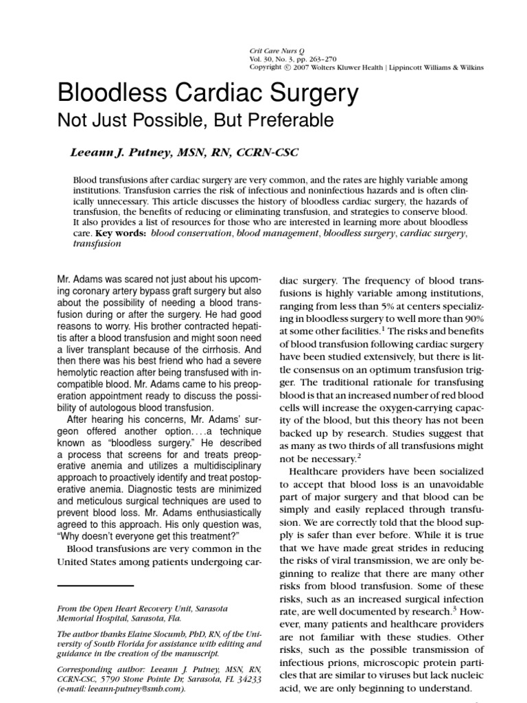 Bloodless Cardiac Surgery: Not Just Possible, But Preferable | PDF ...