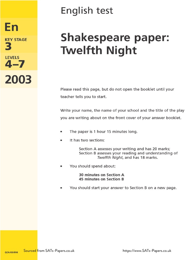 Ks3 English 2003 Shakespeare Twelfth Night | PDF | Twelfth Night ...