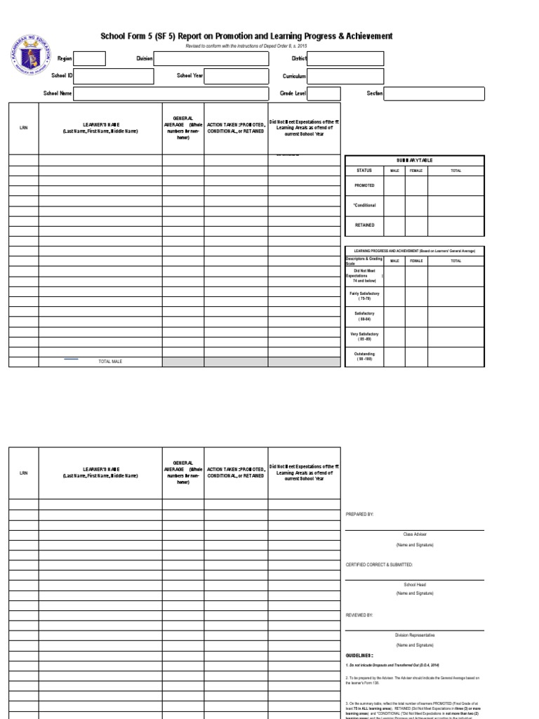 Sf 5 Report On Promotion And Learning Progress Achievement 0 Pdf