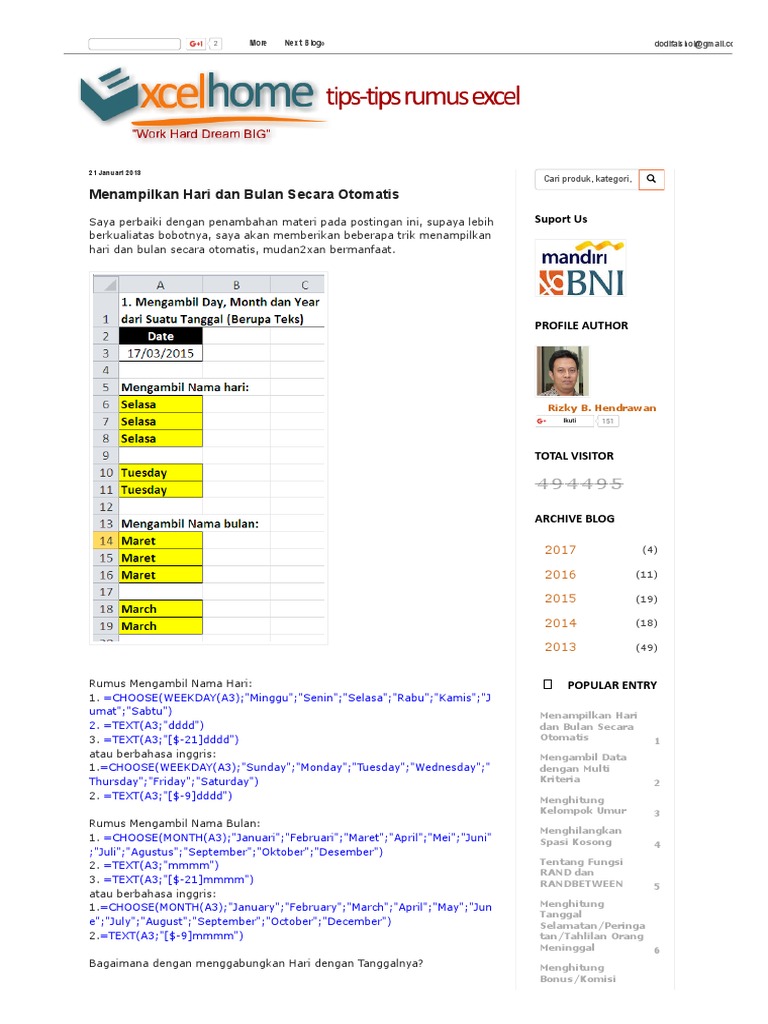 Rumus Otomatis Hari dan Bulan Excel | PDF