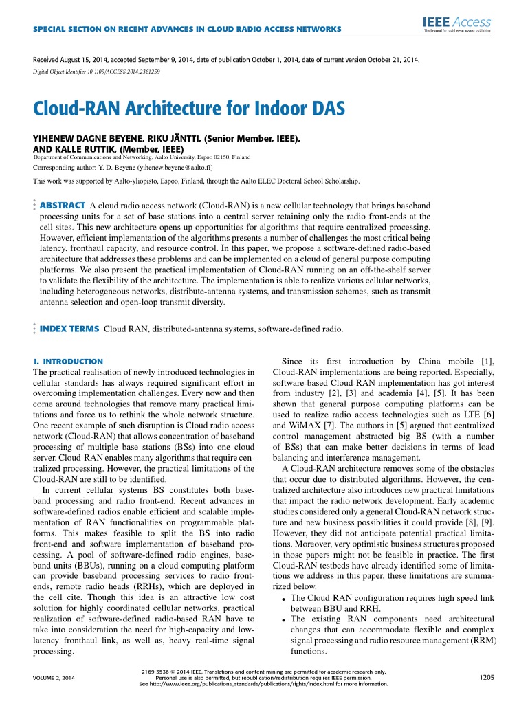 Cloud-RAN Architecture For Indoor DAS: Special Section On Recent ...
