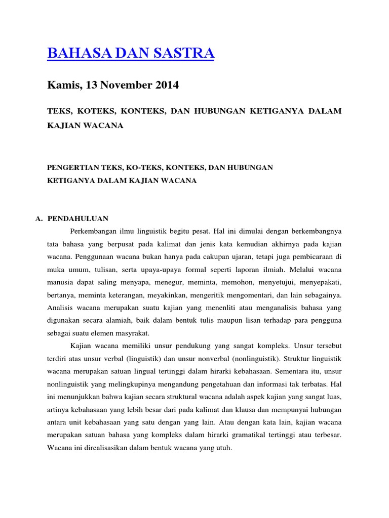 Bahasa Dan Sastra Teks, Koteks, Konteks, Dan Hubungan Ketiganya Dalam ...