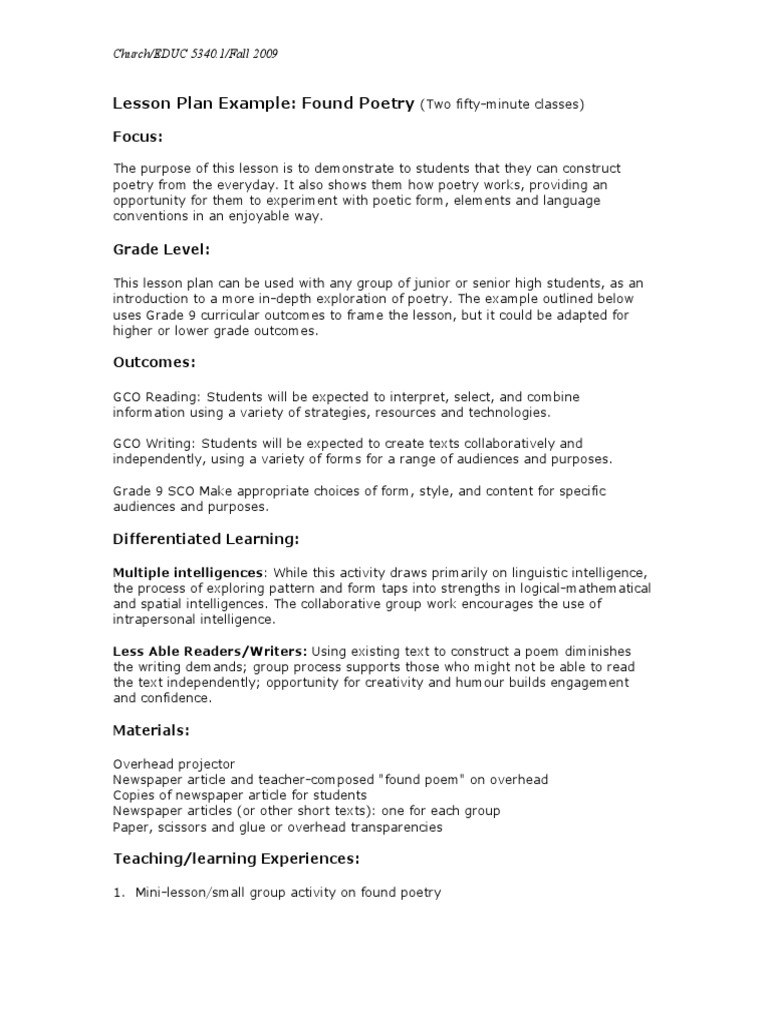Lesson Plan Example: Found Poetry: Focus | PDF | Poetry | Lesson Plan