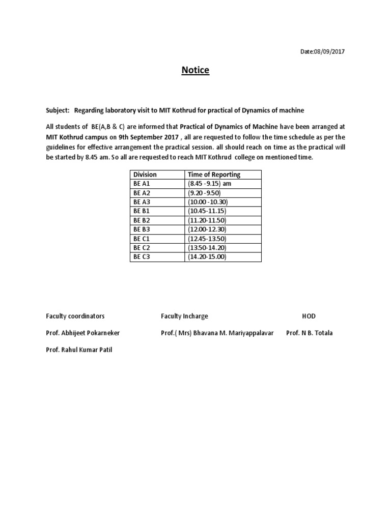 Notice: Subject: Regarding Laboratory Visit To MIT Kothrud For ...