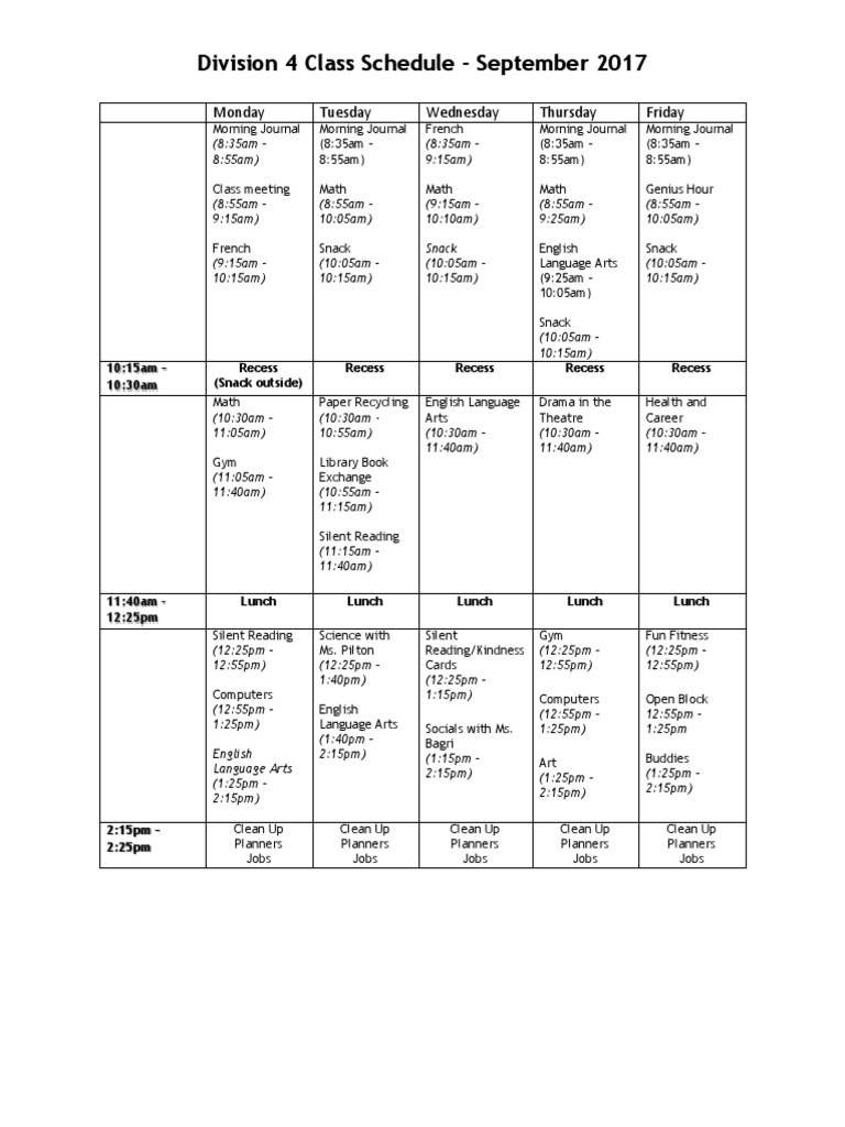 Weekly Schedule Update 2 2017 | PDF