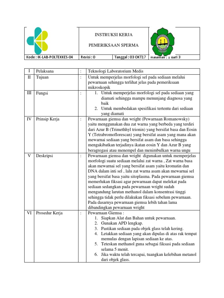 Sop Instruksi Kerja Pemeriksaan Labora - Riset