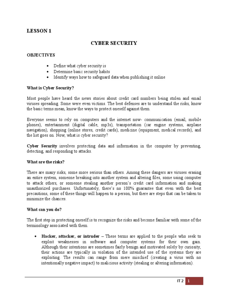Lesson 1 Cyber Security: Objectives | PDF | Malware | Computer Security