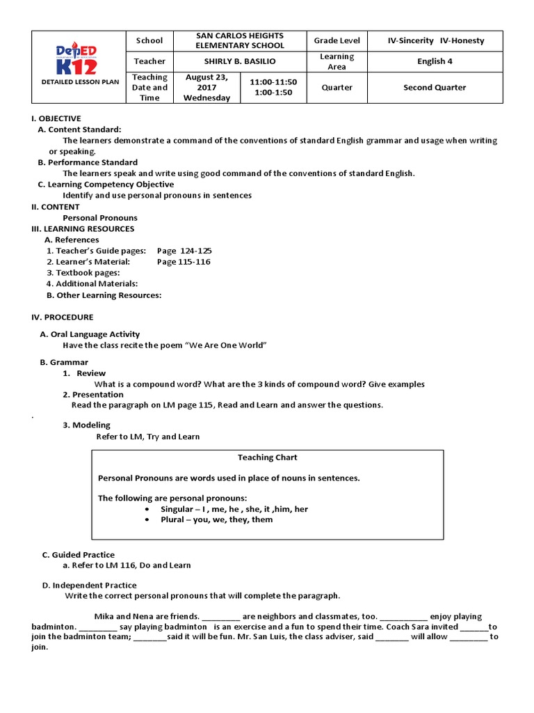 August 23 - Personal Pronoun | PDF | Lesson Plan | Pronoun