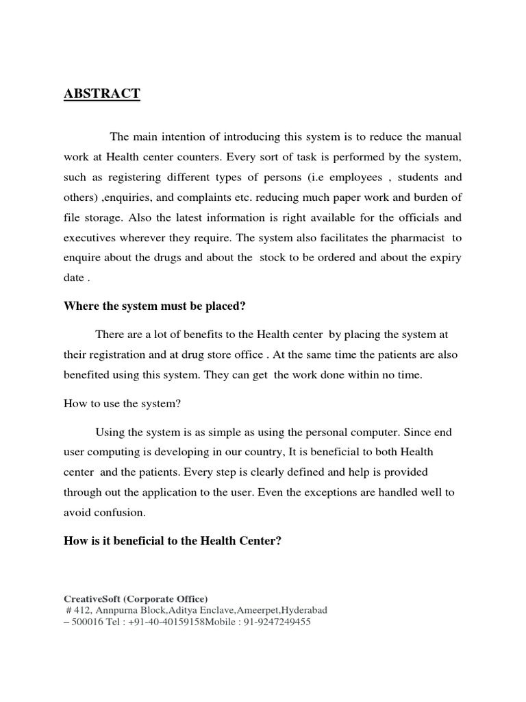 Health Center Management System Abstract | PDF | Patient | Pharmacy