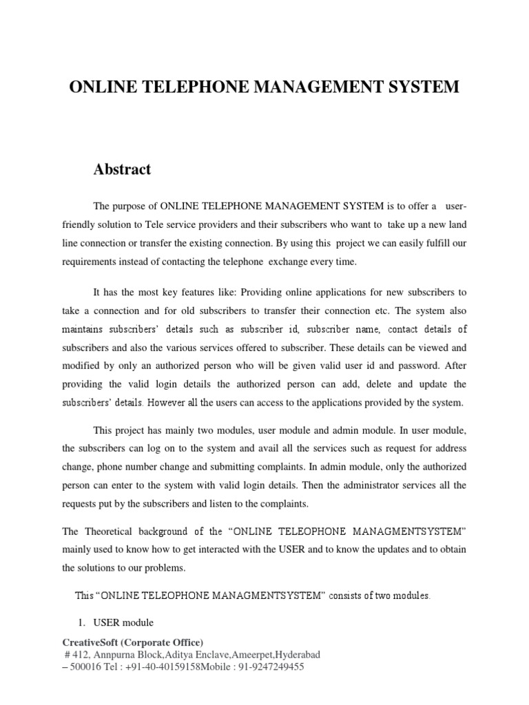 Online Telephone Management System Abstract | PDF | Telephone ...