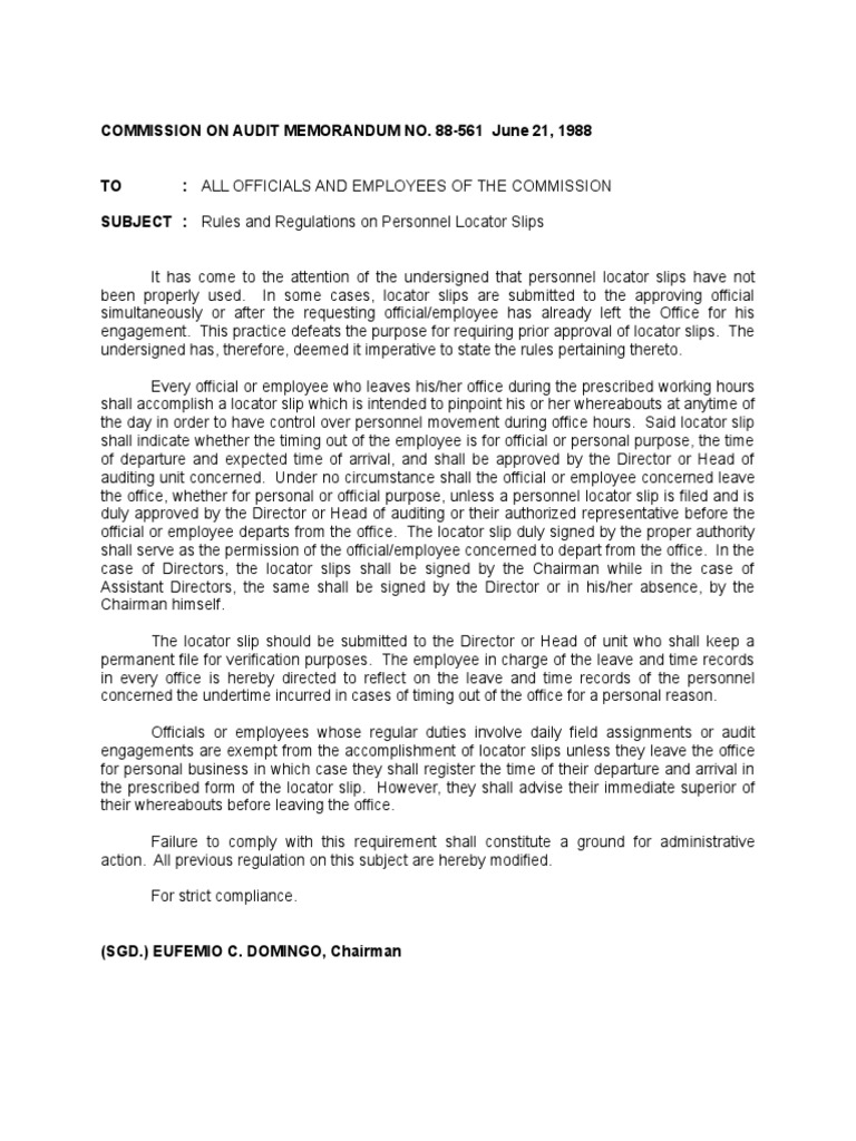 Rules and Regulations on the Use of Personnel Locator Slips to Track ...