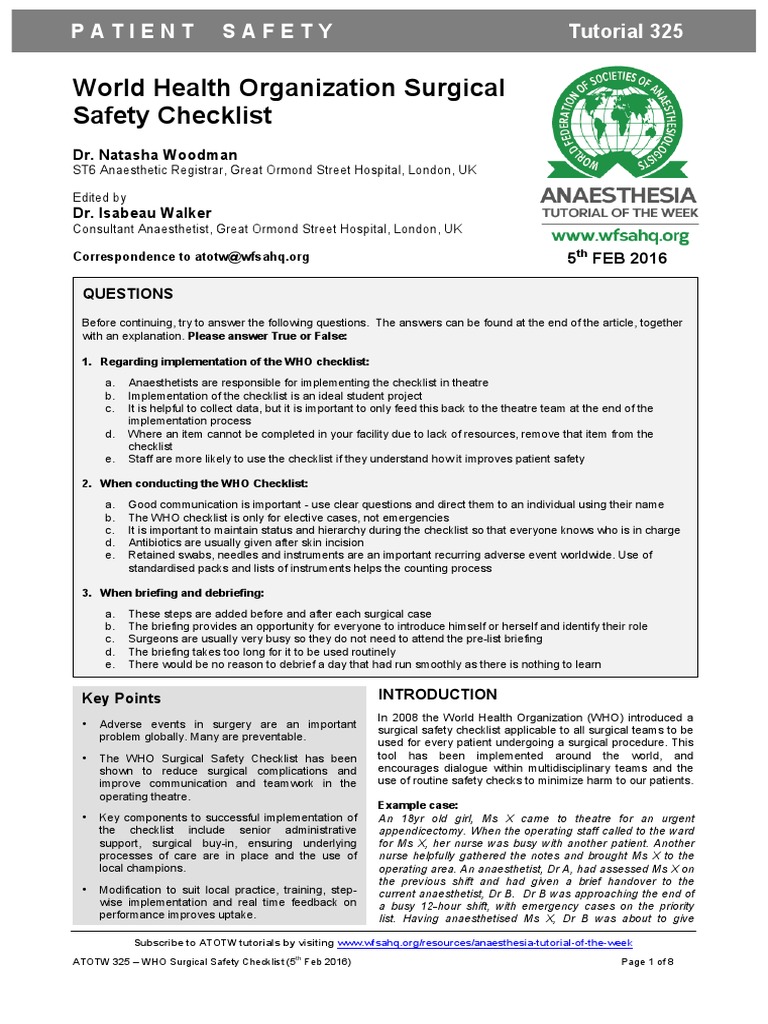 WHO Surgical Safety Checklist Overview | PDF | Patient Safety | Surgery