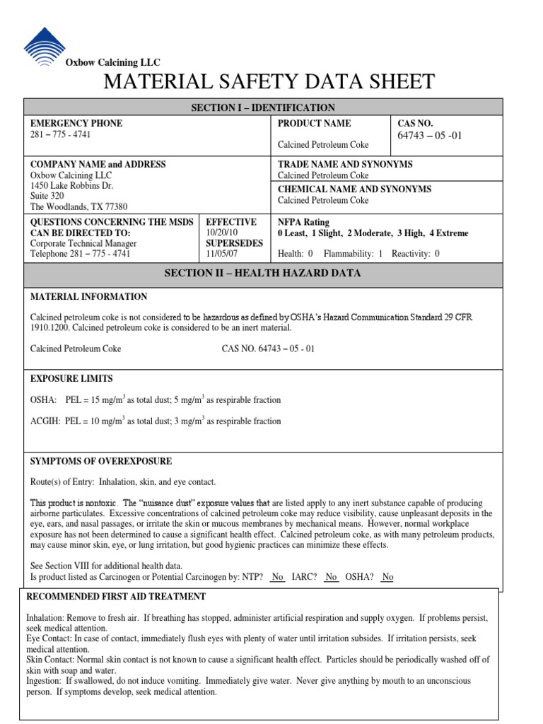 Material Safety Data Sheet: Oxbow Calcining LLC | Download Free PDF ...