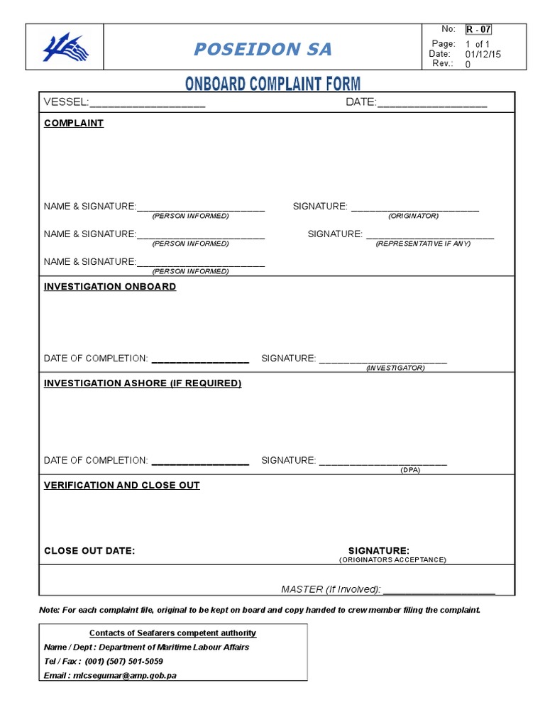 R-07 Onboard Complaint Form With Panama Contacts | PDF