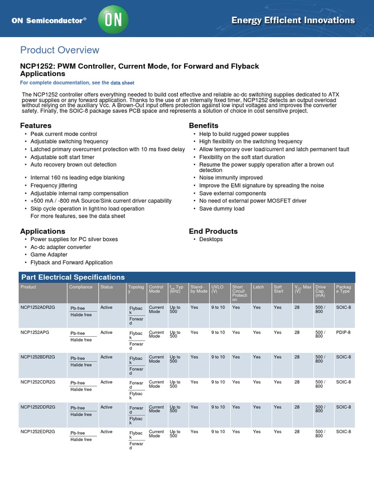 Product Overview: NCP1252: PWM Controller, Current Mode, For Forward and Flyback Applications ...
