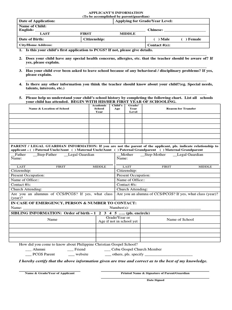 PCGS student application form | PDF | Parent | Relationships
