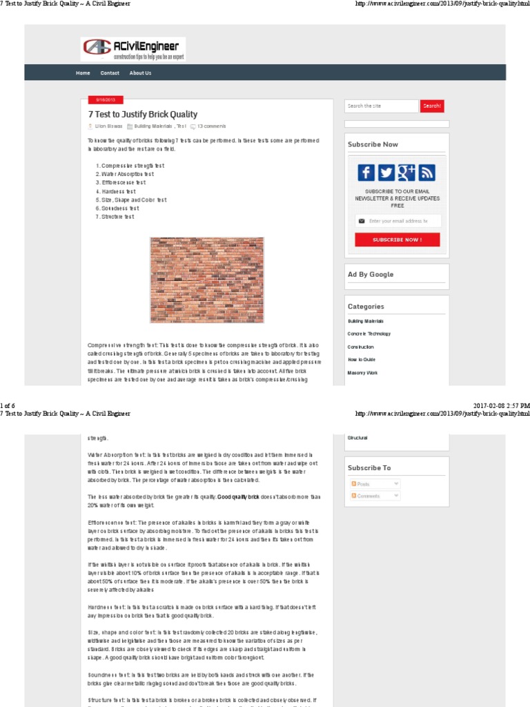 7 Test To Justify Brick Quality A Civil Engineer | PDF | Brick ...