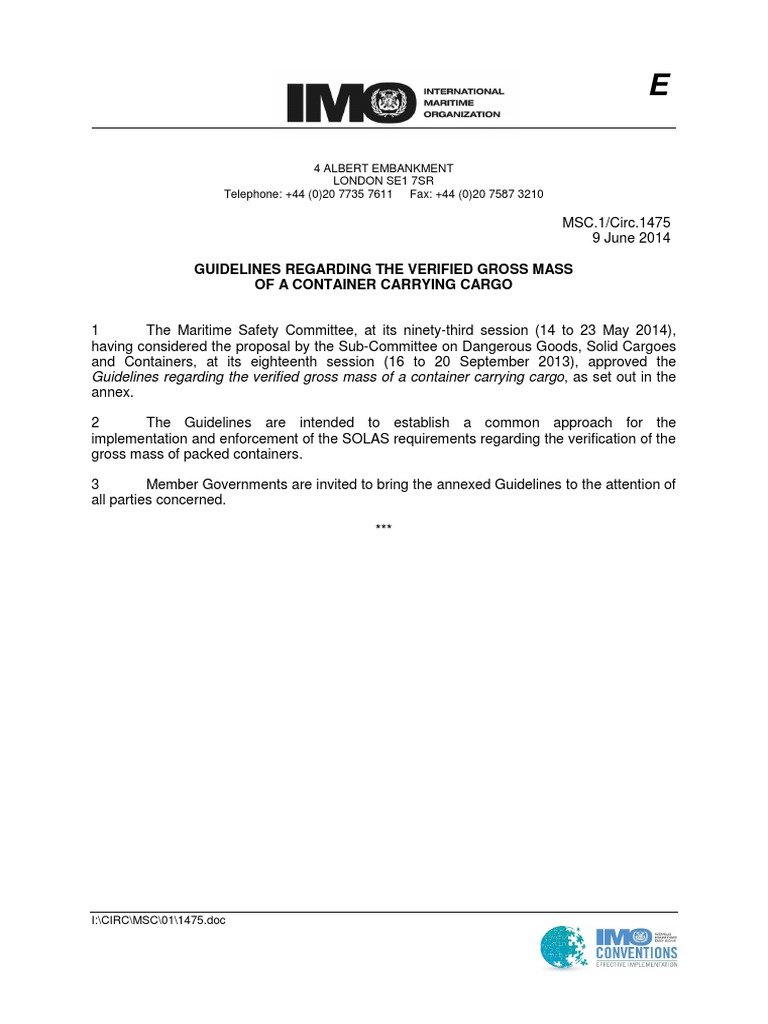 VGM Guidelines SOLAS - IMO MSC.1 Circ.1475 | Download Free PDF | Cargo | Packaging And Labeling