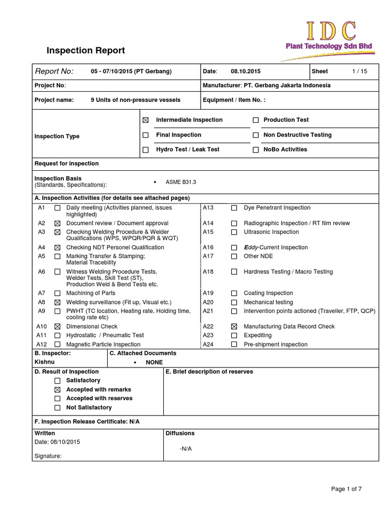 001 Inspection - Report - INTEC (05 - 07102015) PDF | PDF | Welding ...