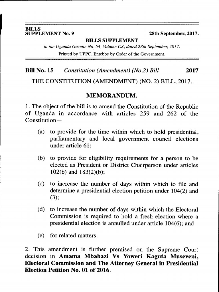 Uganda Constitution Amendment Bill 2017 | PDF | Act Of Parliament | Uganda