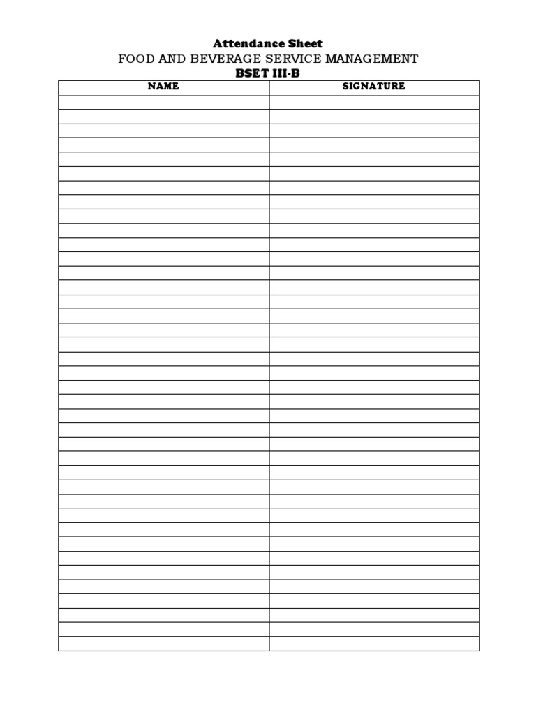 Attendance Sheet Food and Beverage Service Management Bset Iii-B | PDF