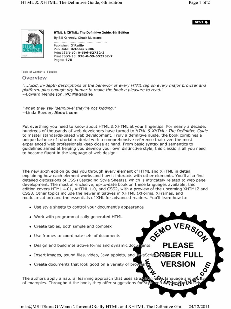 OReilly HTML and XHTML The Definitive Guide 6th Edition Oct 2006 PDF | PDF