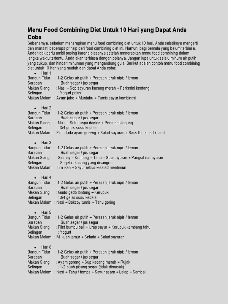 Menu Food Combining Diet Untuk 10 Hari Yang Dapat Anda Coba | PDF