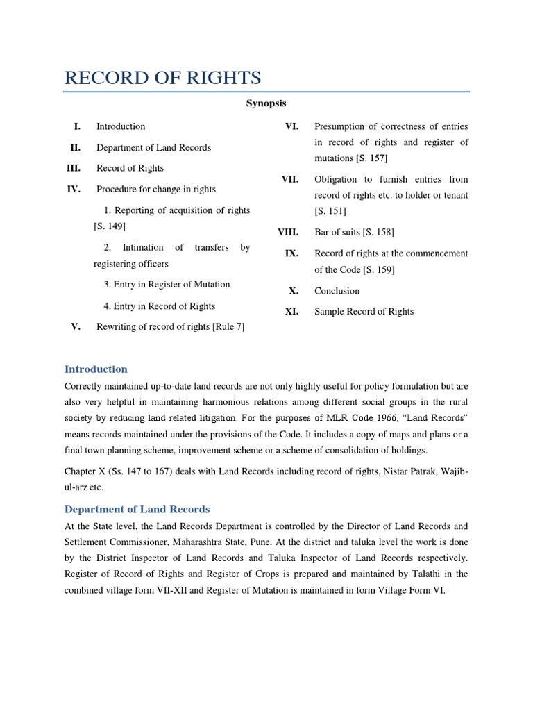 MLRC - 5. Land Records (Record of Rights, Nistar Patrak & Wajib-ul-Arz ...