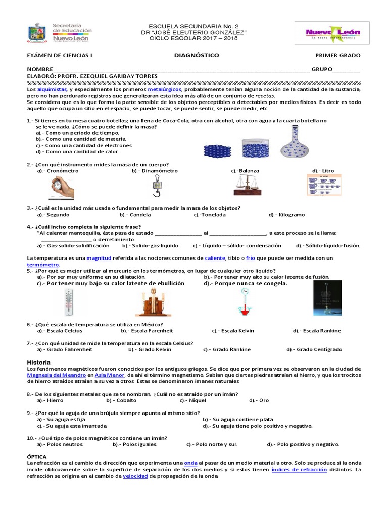 Exámen de Diagnóstico de Ciencias II Segundo Grado | PDF | Sonda ...