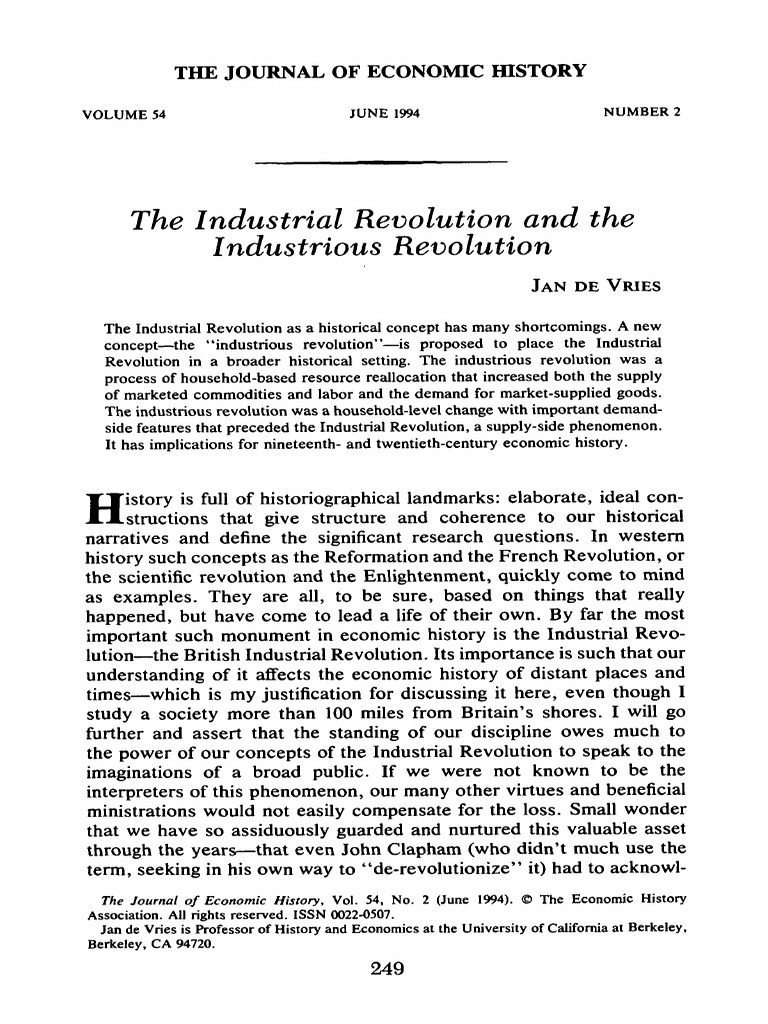 Vries - The Industrial Revolution and The Industrious Revolution | PDF ...