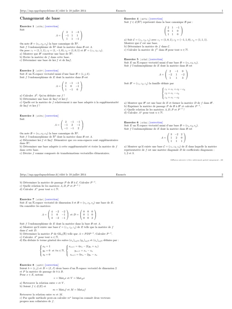 Formule de Changement de Base | PDF | Base (algèbre linéaire) | Matrice ...