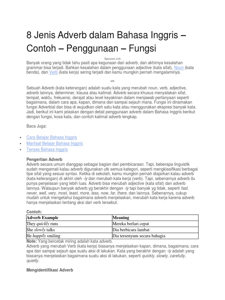 8 Jenis Adverb Dalam Bahasa Inggris | PDF