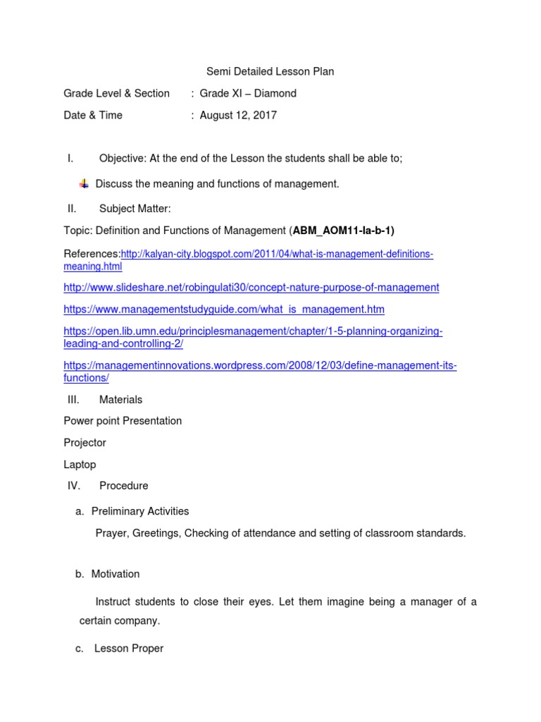 Semi Detailed Lesson Plan On Definition and Functions of Management ...