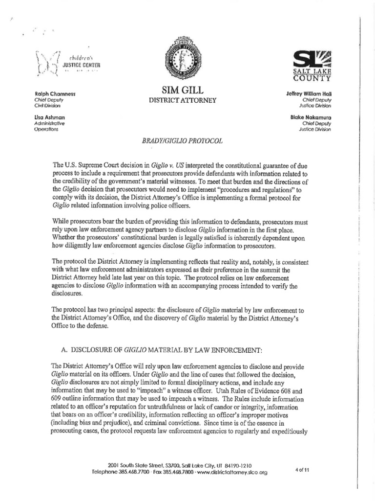 Salt Lake County District Attorney's Office Brady/Giglio Protocol