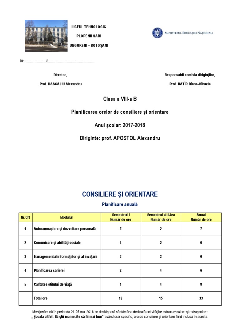 Planificare Dirigentie Clasa A 8-A | PDF