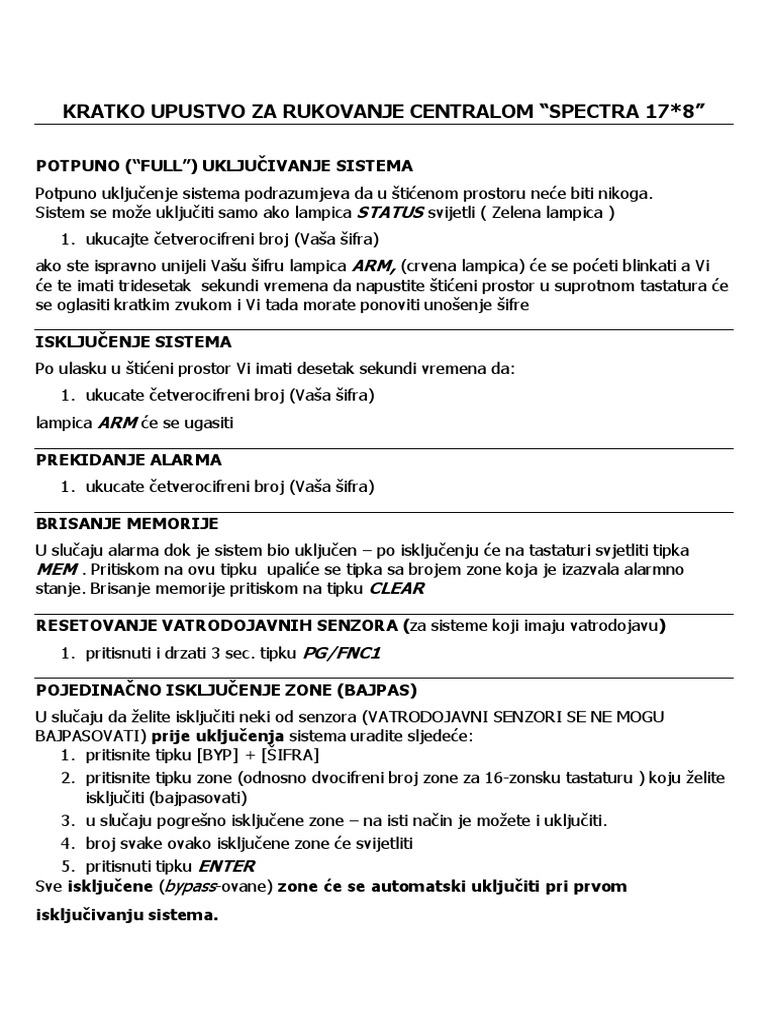 Kratko Upustvo Za Rukovanje Centralom Spectra 1738 | PDF