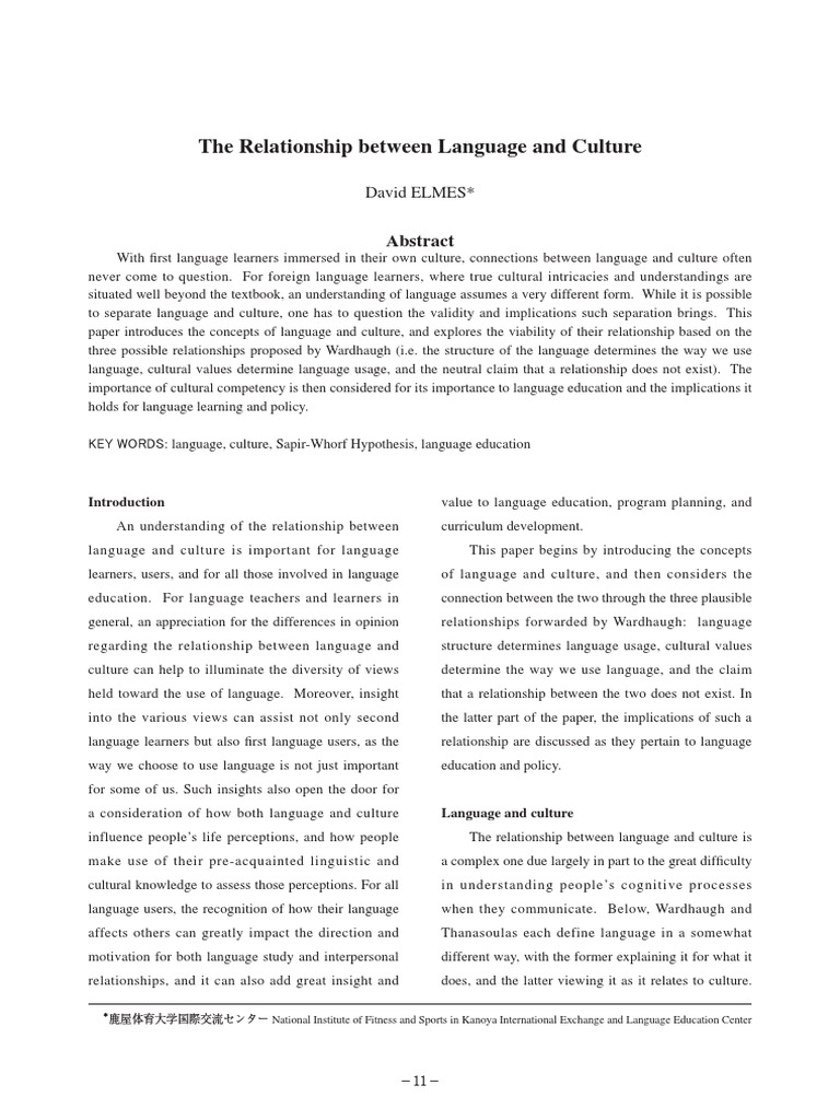 THE RELATIONSHIP BETWEEN LANGUAGE AND CULTURE.pdf | Language Education ...