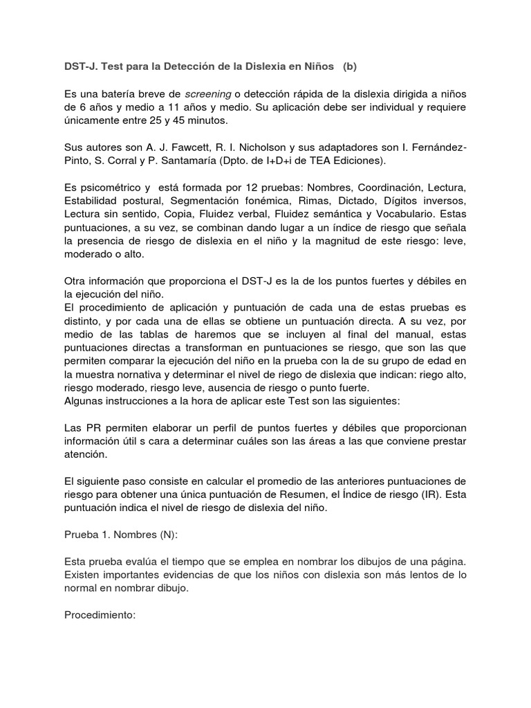 DST-J: Test de Detección de Dislexia | PDF | Dislexia | Lectura (proceso)