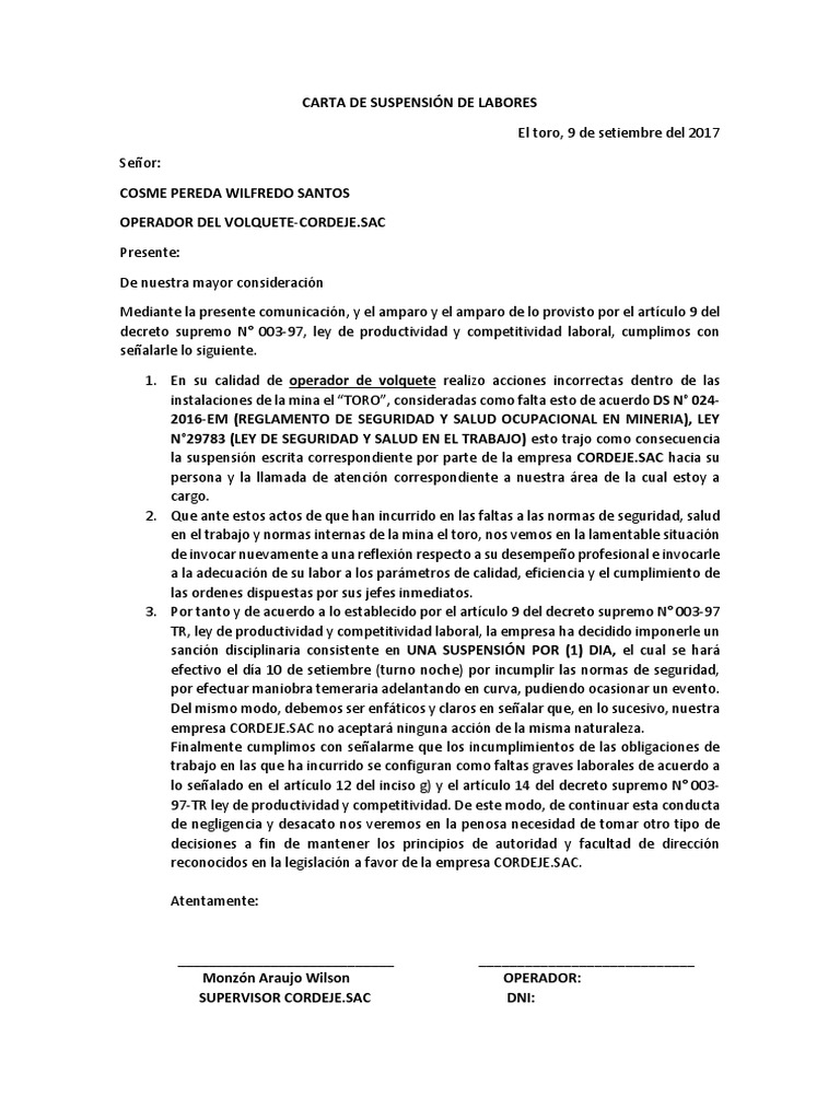 Carta de Suspensión de Labores | PDF | Ley estatutaria | Gobierno Carta de Suspensión de Labores | PDF | Ley estatutaria | Gobierno