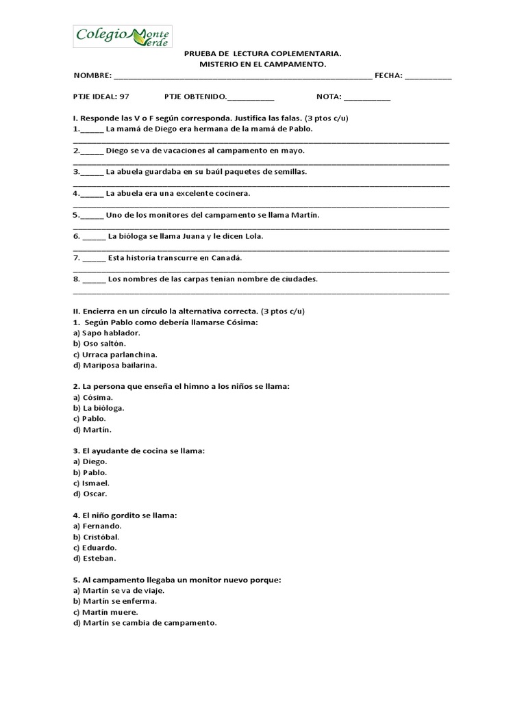 Prueba de lectura: Misterio en el campamento | PDF | Ocio ...