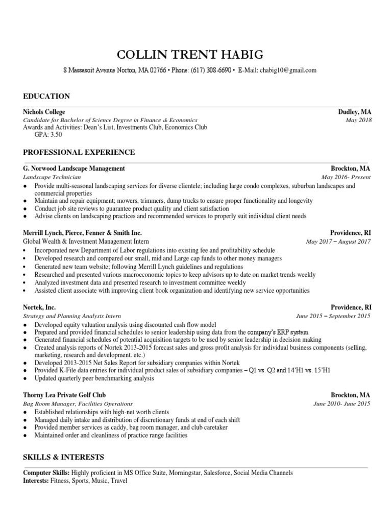 Collin Habig Resume | PDF | Merrill Lynch | Sales