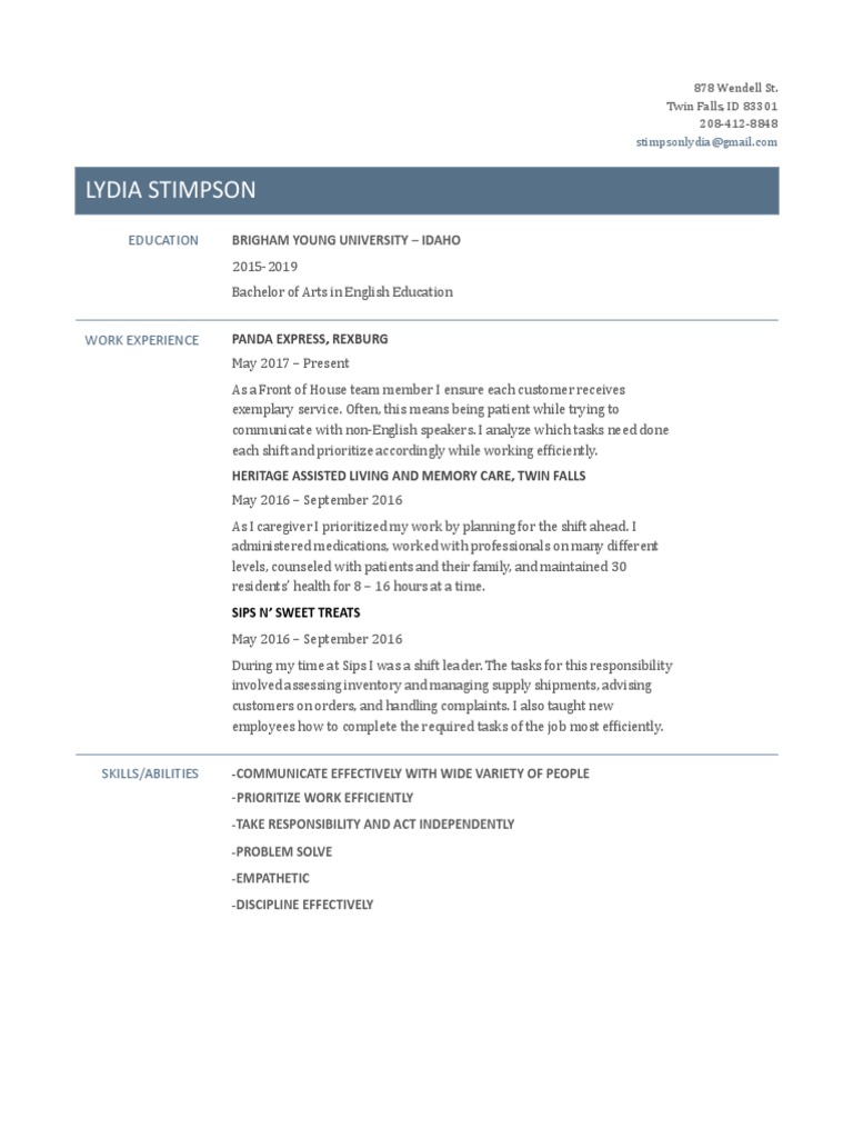Lydia Stimpson's Resume Summary | PDF