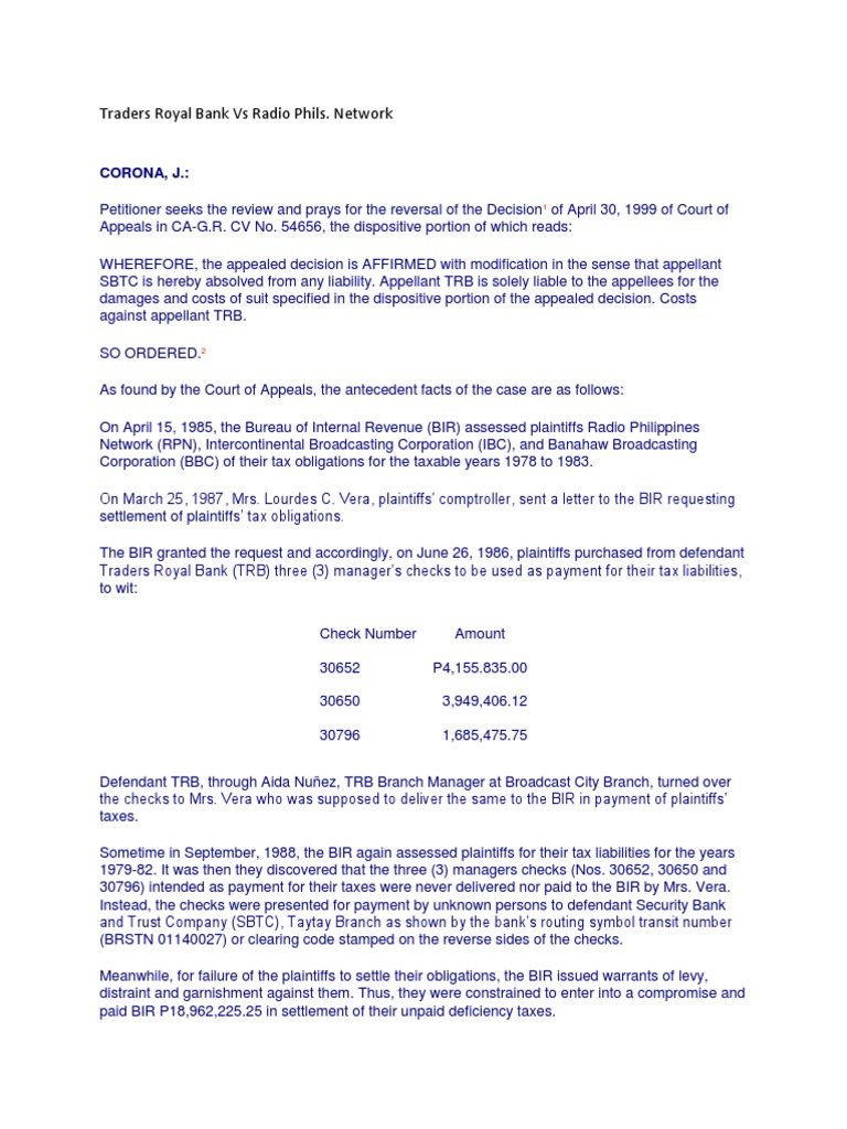 Traders Royal Bank Vs Radio Phils. Network: Corona, J. | PDF ...