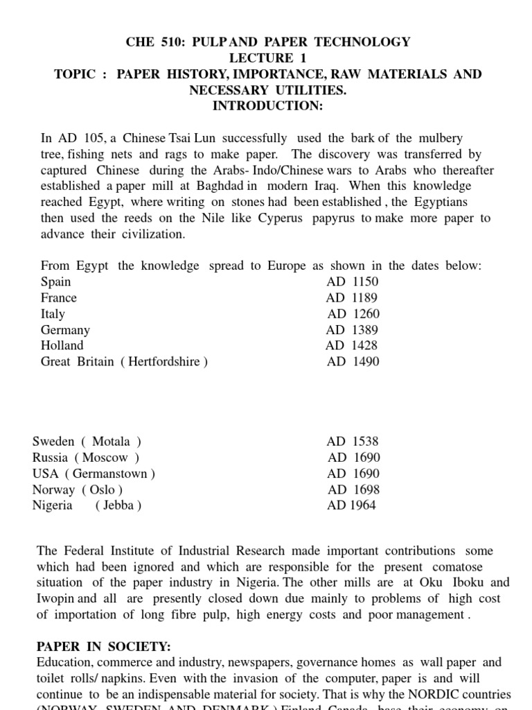 Lecture 1 Pulp and Paper Technology CHE 510 | PDF | Pulp (Paper) | Paper